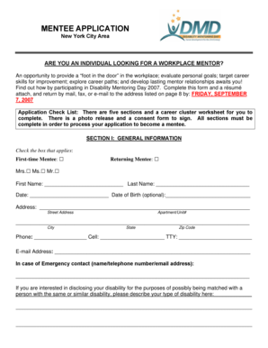 Fillable Online nyc MENTEE APPLICATION New York City Area ARE YOU AN ...