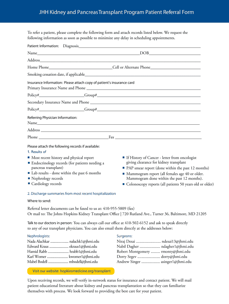 Fillable Online Kidney and Pancreas Transplant Patient Referral Fax ...