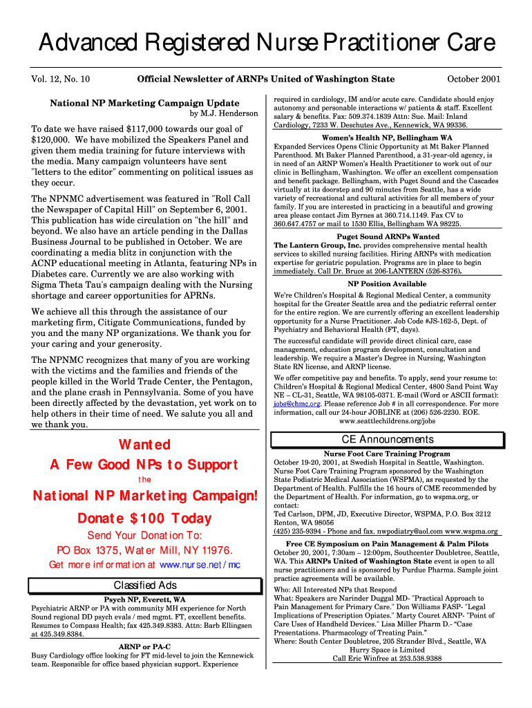 ARNP Care October 2001 - Nurse: Fill out & sign online | DocHub
