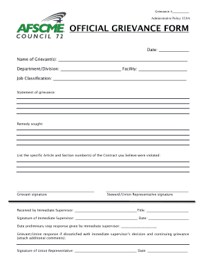 Fillable Online OFFICIAL GRIEVANCE FORM Fax Email Print - pdfFiller