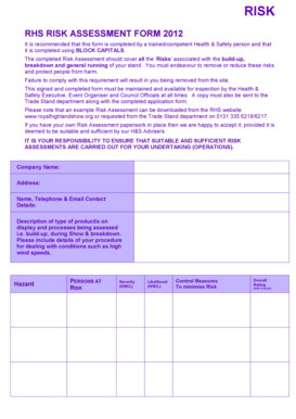 Fillable Online RHS RISK ASSESSMENT FORM 2012 - Royal Highland Show Fax ...