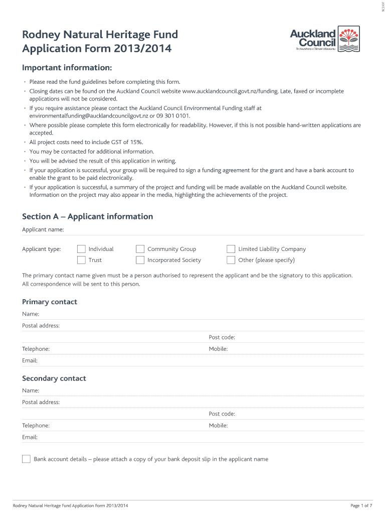 Rodney Natural Heritage Fund Application Form - Auckland Council - aucklandcouncil govt: Fill ...