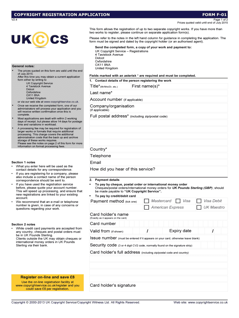 Fillable Online Copyright Registration Application Form F-01 Fax Email ...