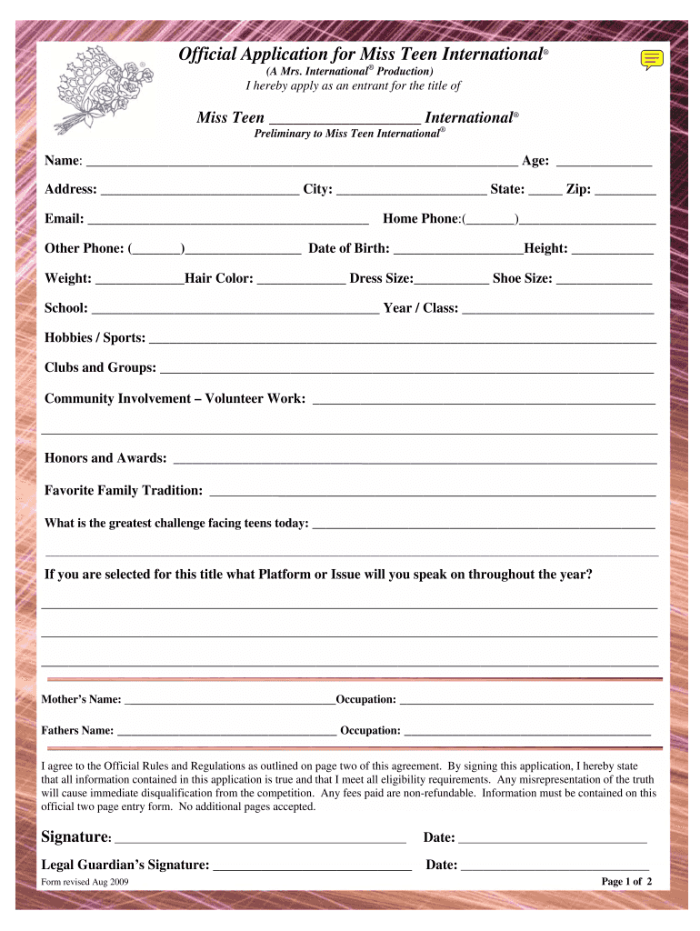 Fillable Online Miss Teen International® Application Form Fax Email ...