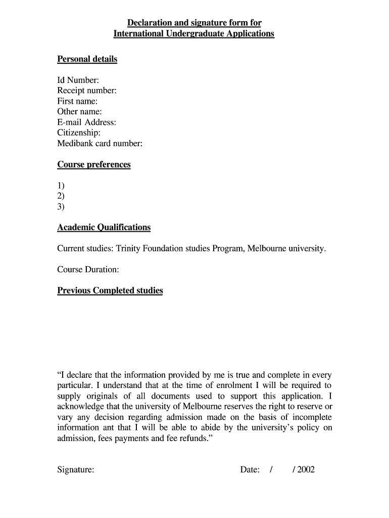 Fillable Online International Undergraduate Applications Declaration ...