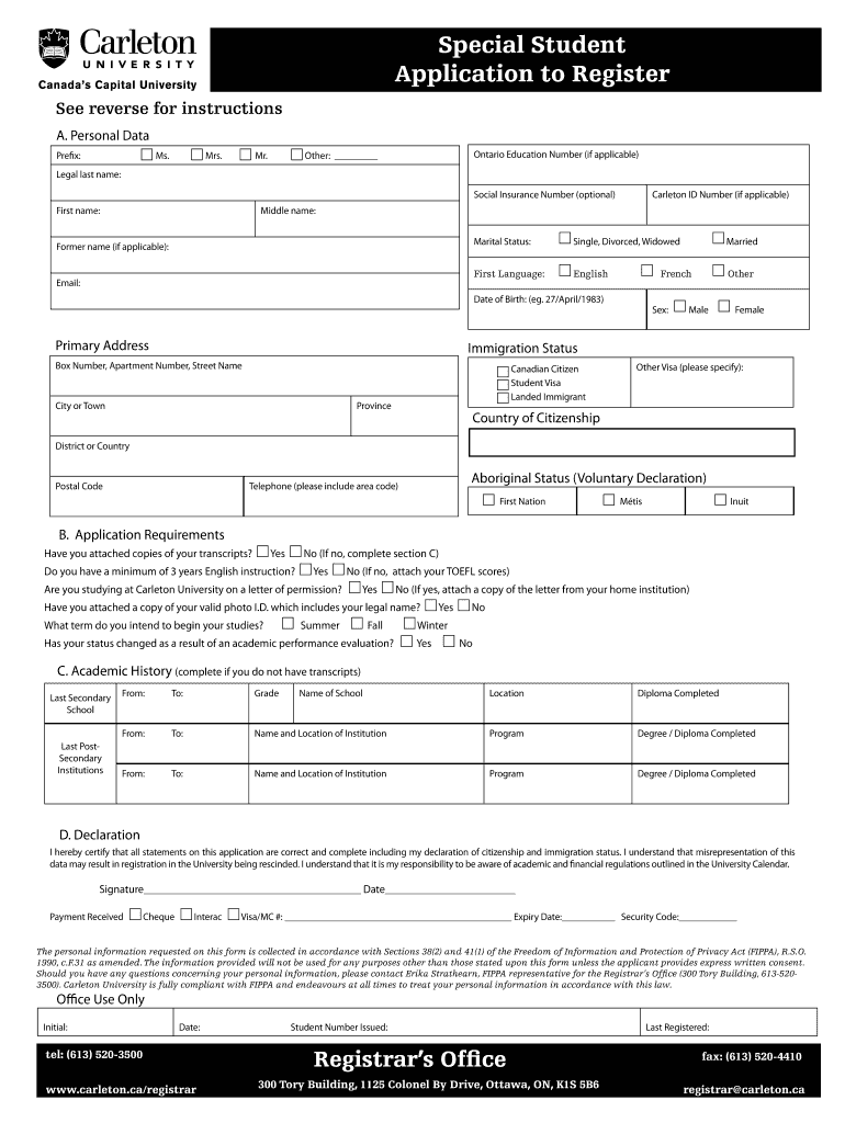 Fillable Online Special Student Registration Application Fax Email Print - pdfFiller