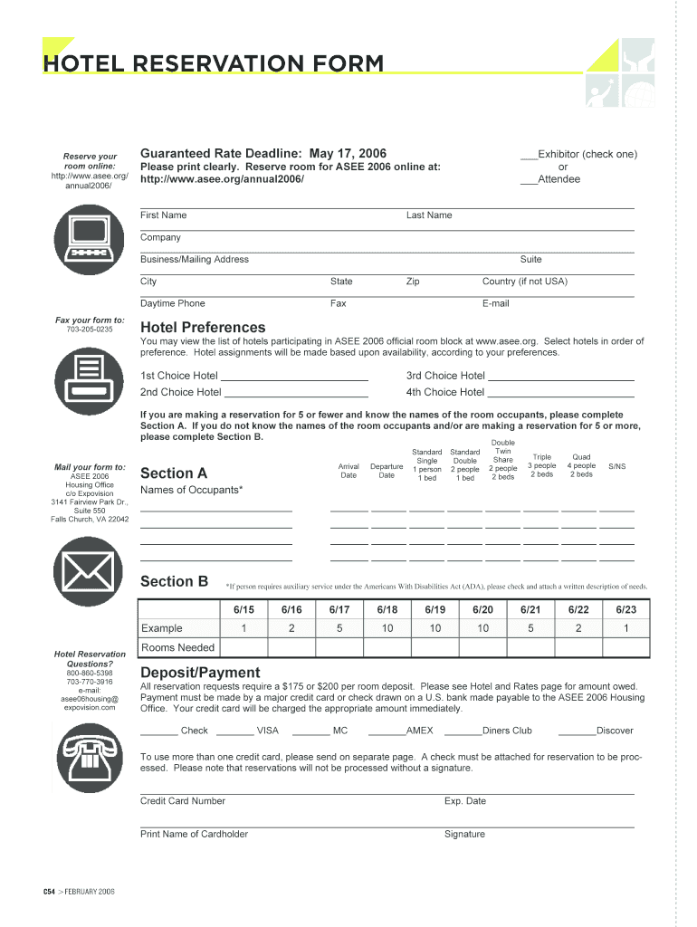 Fillable Online Hotel Reservation Form for ASEE 2006 Fax Email Print ...
