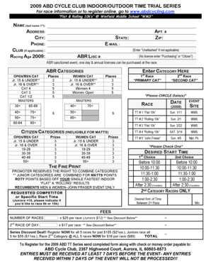 Fillable Online 2009 ABD CYCLE CLUB INDOOR/OUTDOOR TIME TRIAL SERIES ...