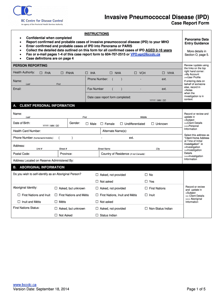 Fillable Online Invasive Pneumococcal Disease (IPD) Case Report Form Fax Email Print - pdfFiller