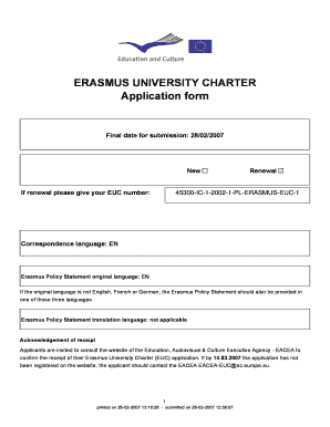 Fillable Online ERASMUS UNIVERSITY CHARTER Application form Fax Email ...