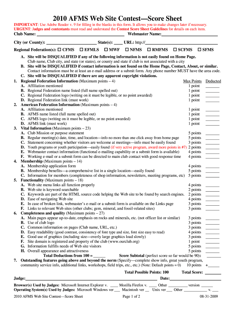 Fillable Online 2010 AFMS Web Site Contest Score Sheet Fax Email Print ...