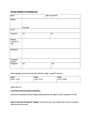 Fillable Online U13 Girls Individual Trial Invitation Form Name Age ...