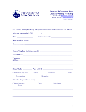 Fillable Online uno Personal Information Sheet - University of New ...
