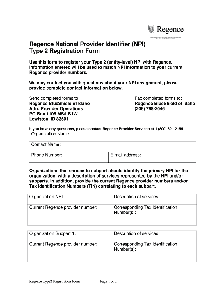 Fillable Online Regence NPI Type 2 Registration Form Fax Email Print ...