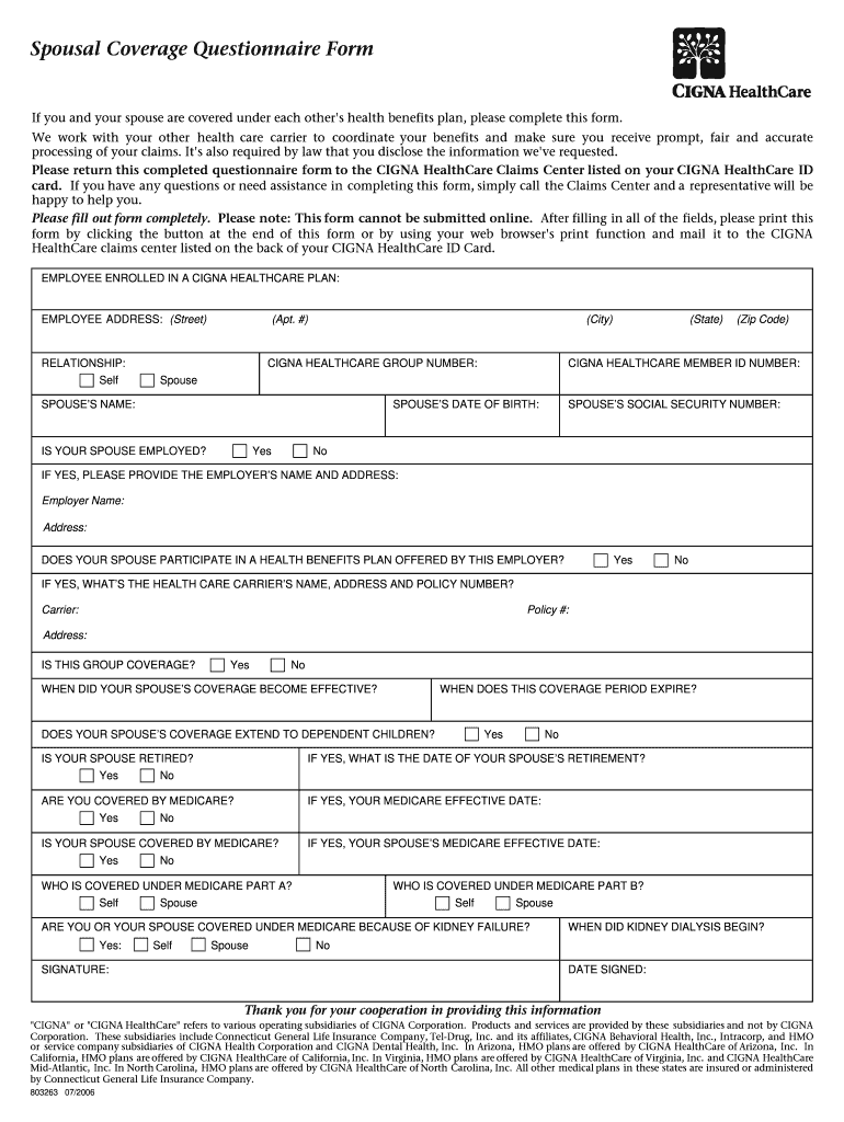 Fillable Online Spousal Coverage Questionnaire Fax Email Print - pdfFiller