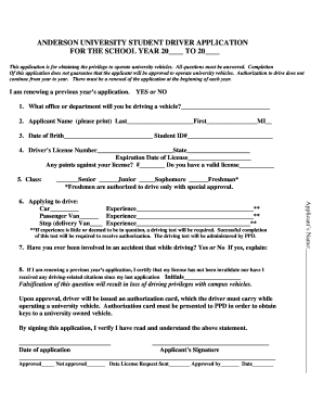 Fillable Online anderson Motor Pool Student Driver Application ...