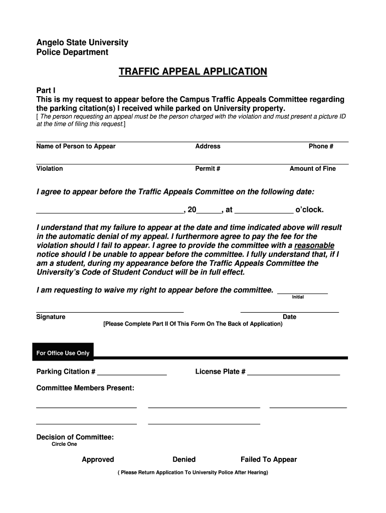 Fillable Online Traffic Appeal Application for Parking Citation Fax ...