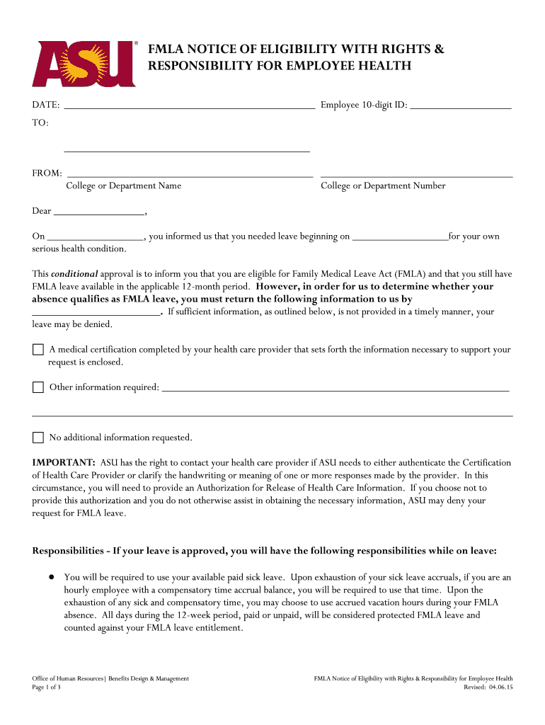 Fillable Online FMLA Notice of Eligibility Fax Email Print - pdfFiller