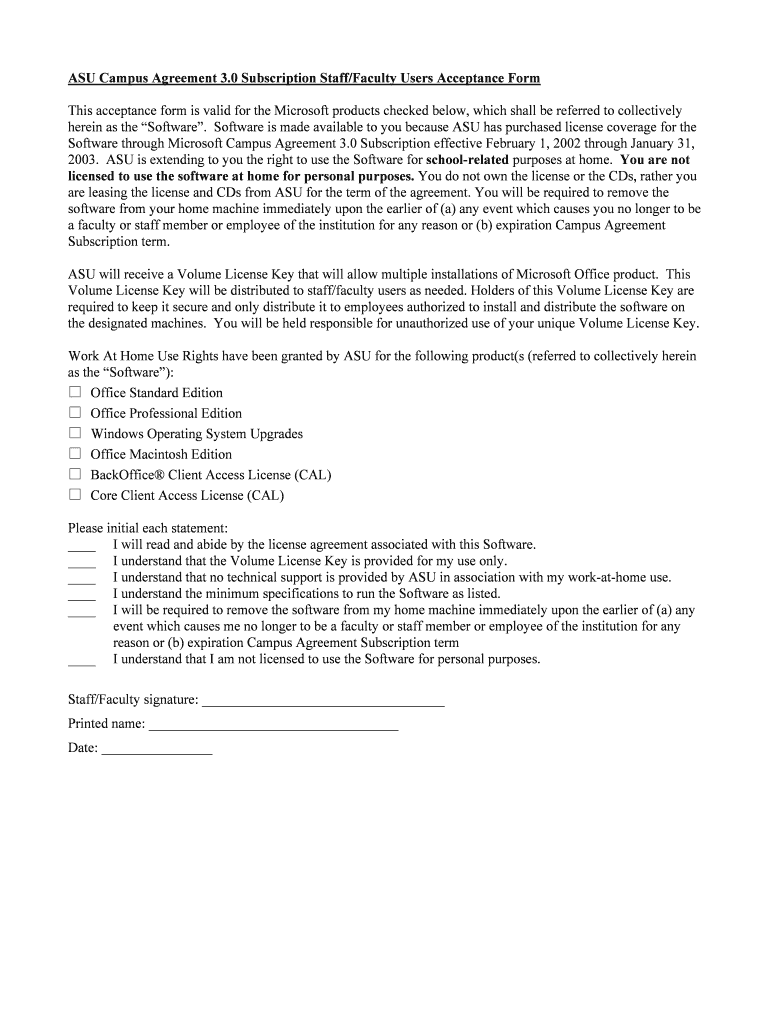 Fillable Online ASU Campus Agreement 3.0 Subscription Acceptance Form ...