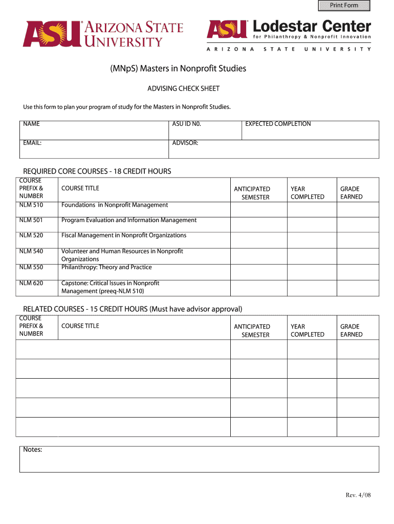 Fillable Online Advising Check Sheet for Masters in Nonprofit Studies Fax Email Print - pdfFiller