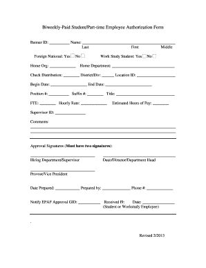 Fillable Online Biweekly-Paid Student/Part-time Employee Authorization Form Fax Email Print ...