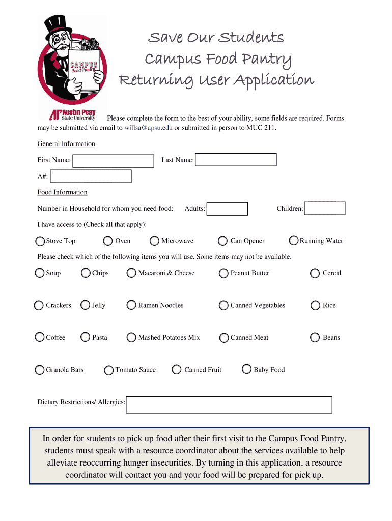 Fillable Online Campus Food Pantry Returning User Application Fax Email ...