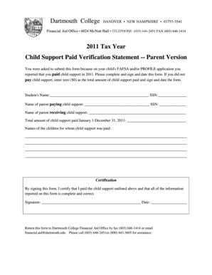 Fillable Online dartmouth 2011 Tax Year Child Support Paid Verification ...