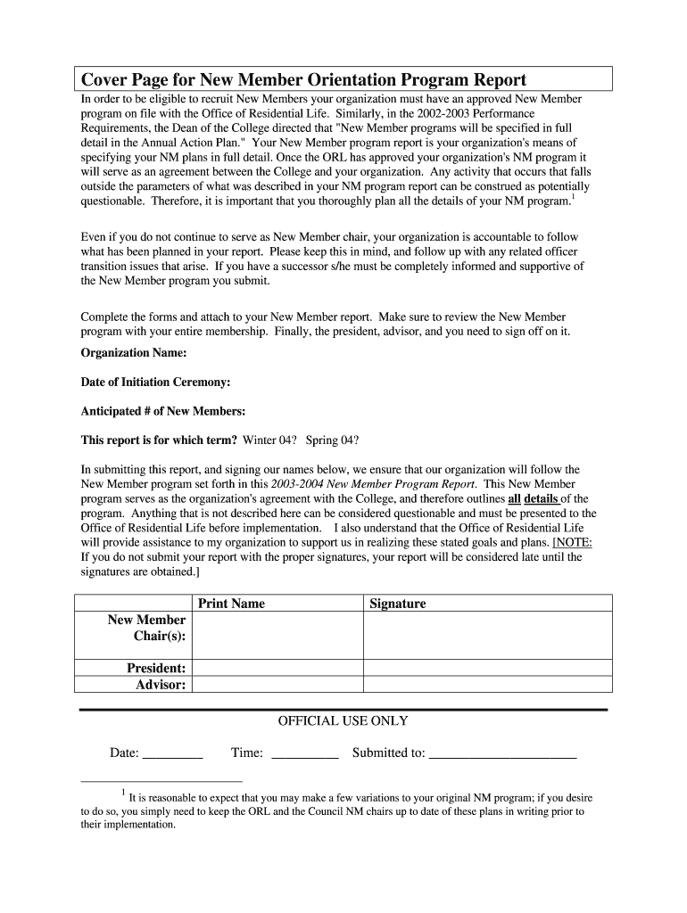 Fillable Online Cover Page for New Member Orientation Program Report ...
