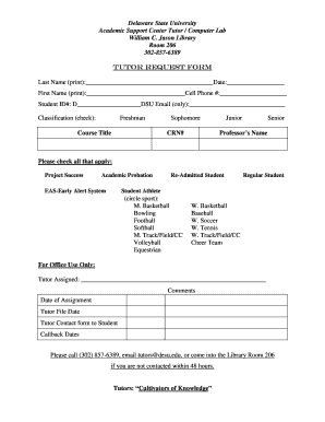 Fillable Online desu Tutor Request Form - desu Fax Email Print - pdfFiller