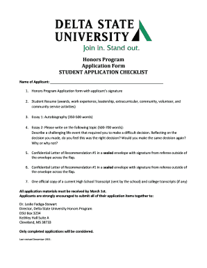 Fillable Online deltastate Honors Program Application Form STUDENT APPLICATION ... - deltastate ...