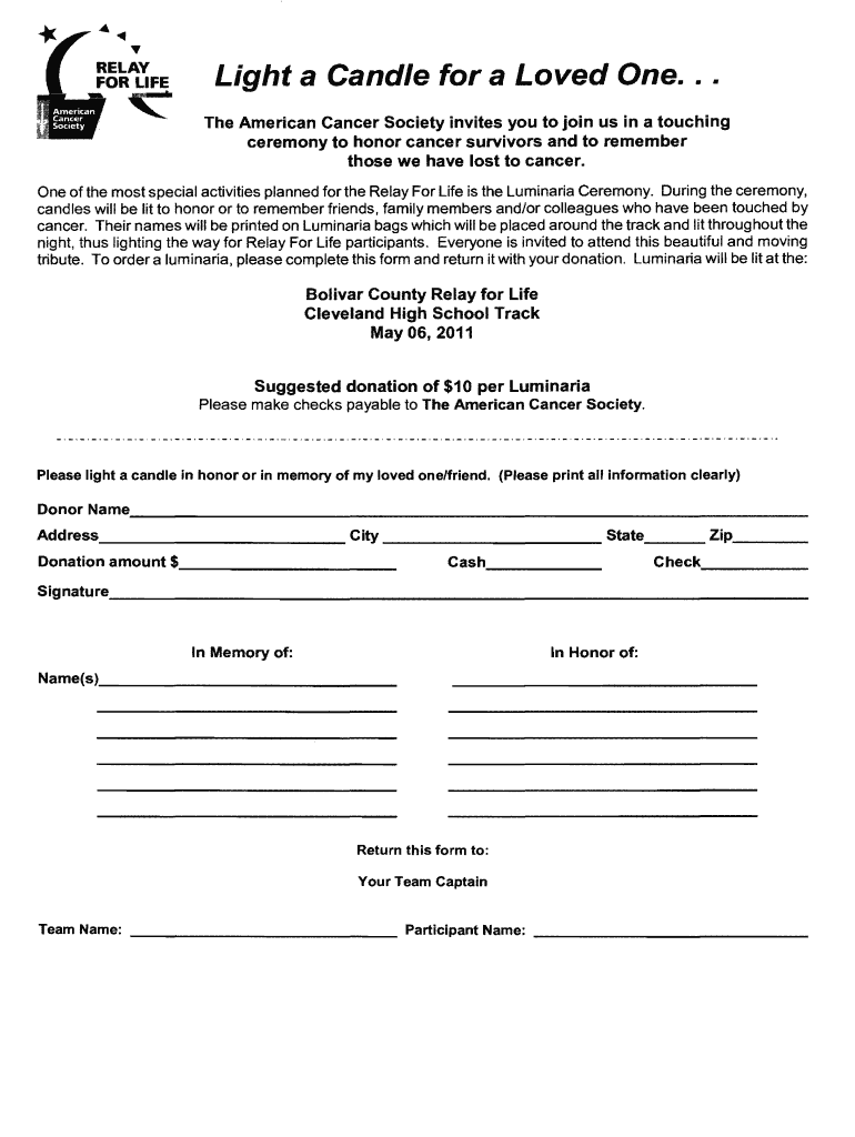 Fillable Online Luminaria Order Form for Relay For Life Fax Email Print ...