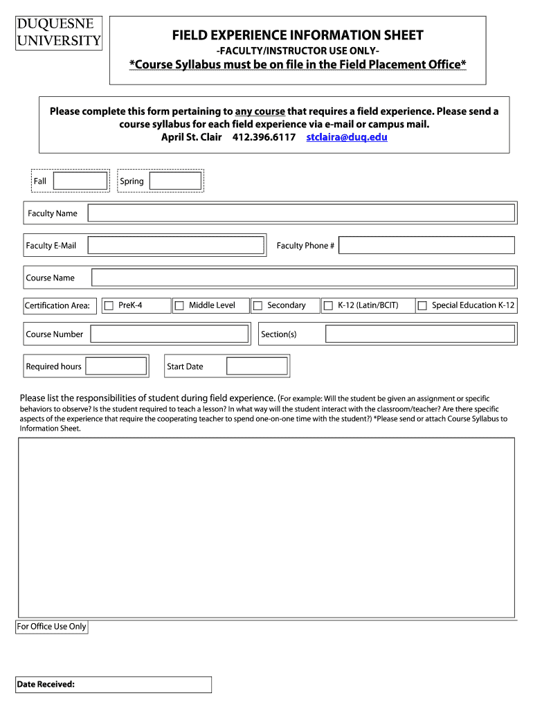Fillable Online Field Experience Information Sheet Fax Email Print ...
