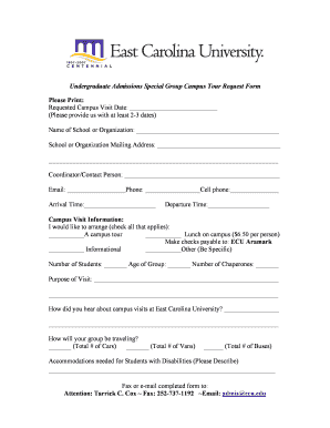 Fillable Online ecu Undergraduate Admissions Special Group Campus Tour ...