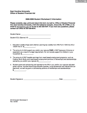 Fillable Online ecu 2008-2009 Student Worksheet C Information Fax Email ...