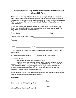 Fillable Online easternct Middlebury Library Donor Record Form - Eastern Connecticut State ...