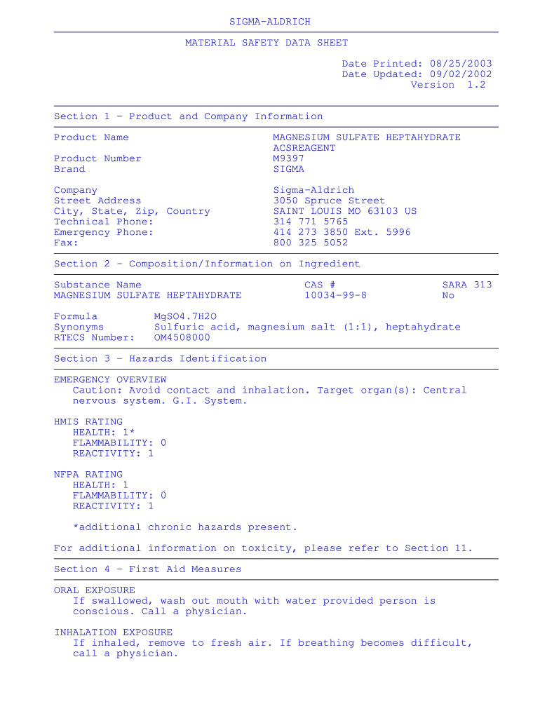 Fillable Online easternct Magnesium sulfate heptahydrate acs reagent ...