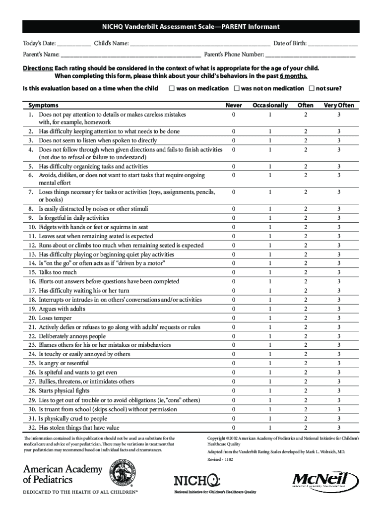 Vanderbilt Rating Scale Fill Online Printable Fillable Blank