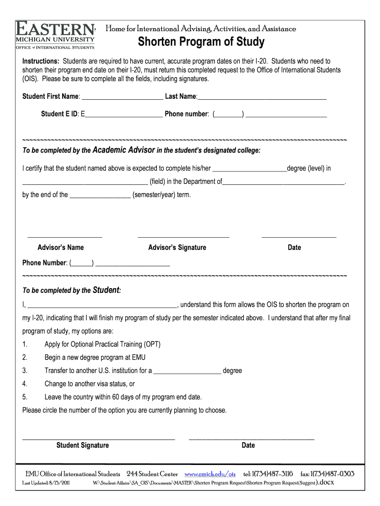 Fillable Online Request to Shorten Program of Study Fax Email Print ...