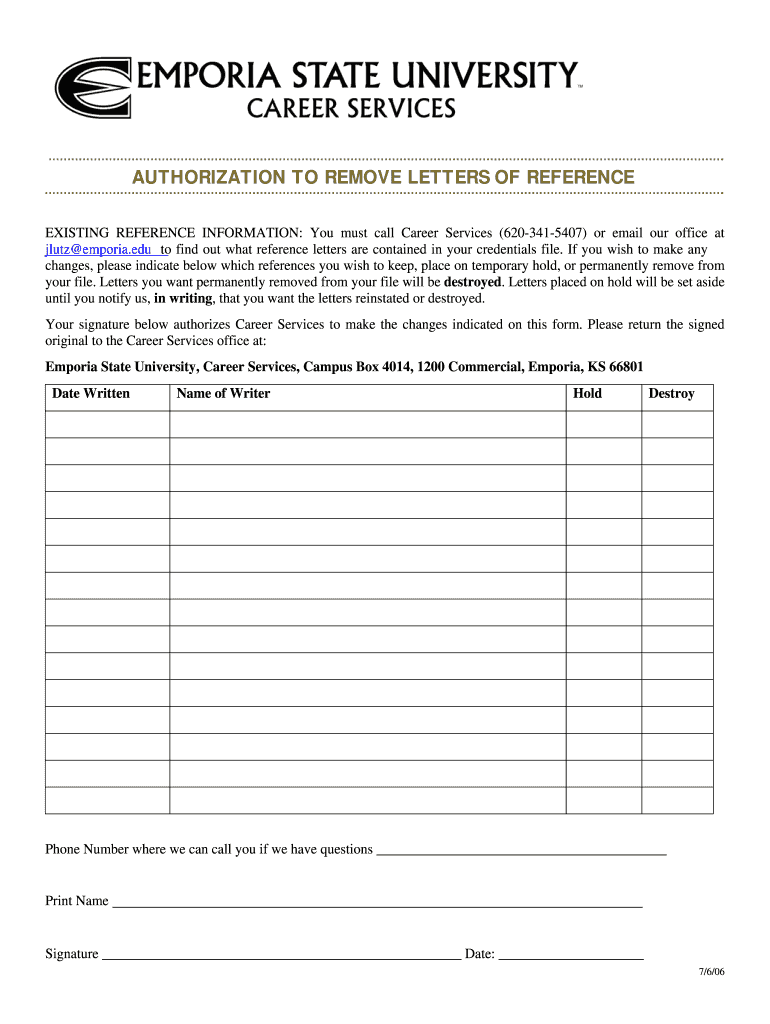 Fillable Online Authorization to Remove Letters of Reference Fax Email Print - pdfFiller