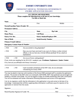 Fillable Online emory EEMS EMT Class Application 2010 2011 - emory Fax ...