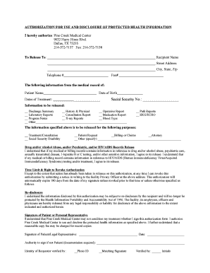 Fillable Online Authorization for Use and Disclosure of ... - Pine Creek Medical Center Fax ...