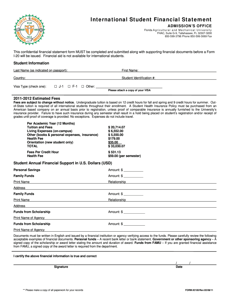 Fillable Online International Student Financial Statement Fax Email ...