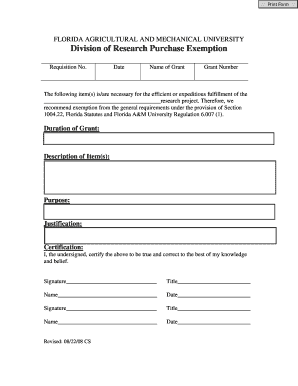 Fillable Online famu Research Purchase Exemption - Florida Agricultural ...