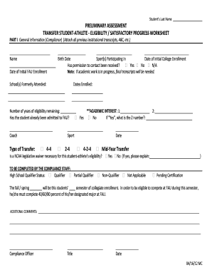 Fillable Online fau Preliminary Transfer Assessment Form 2012-13 - fau ...