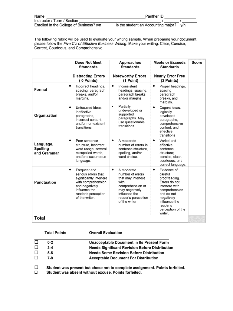 Fillable Online Business Writing Evaluation Rubric Fax Email Print ...