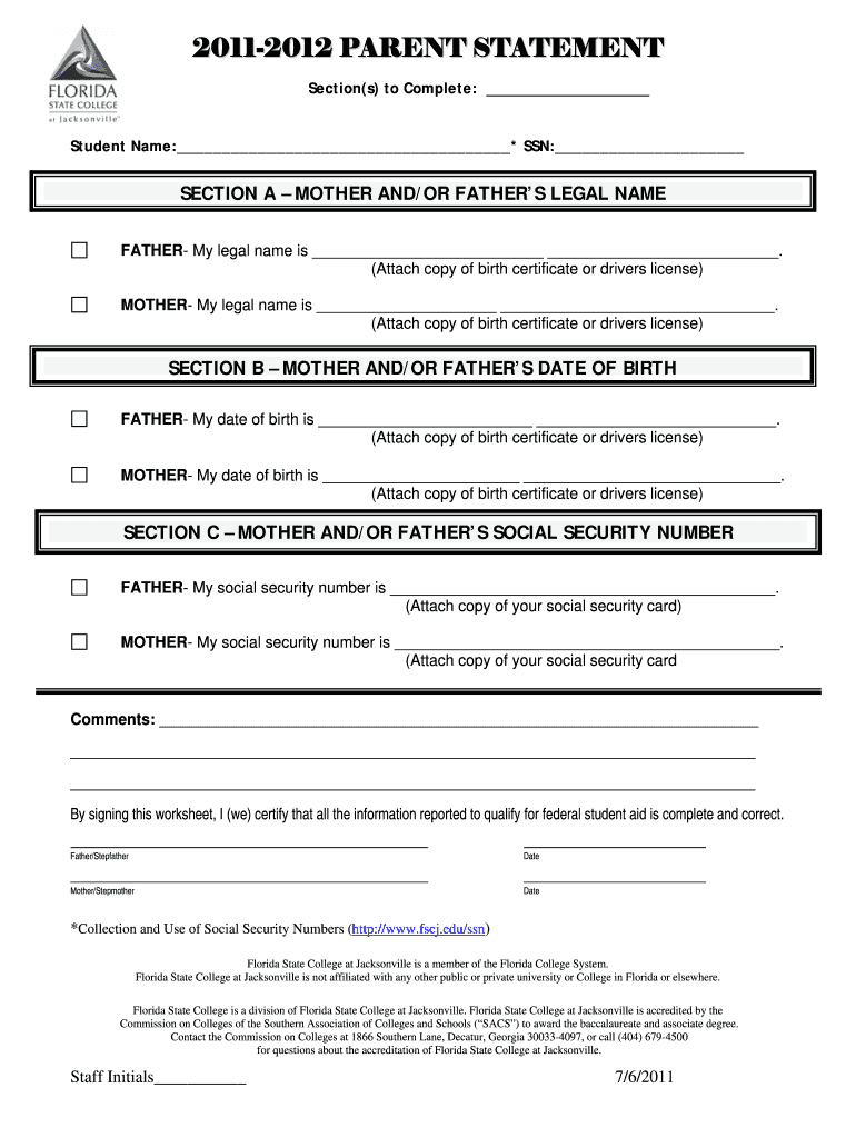 Fillable Online Parent Statement for Federal Student Aid Fax Email Print - pdfFiller