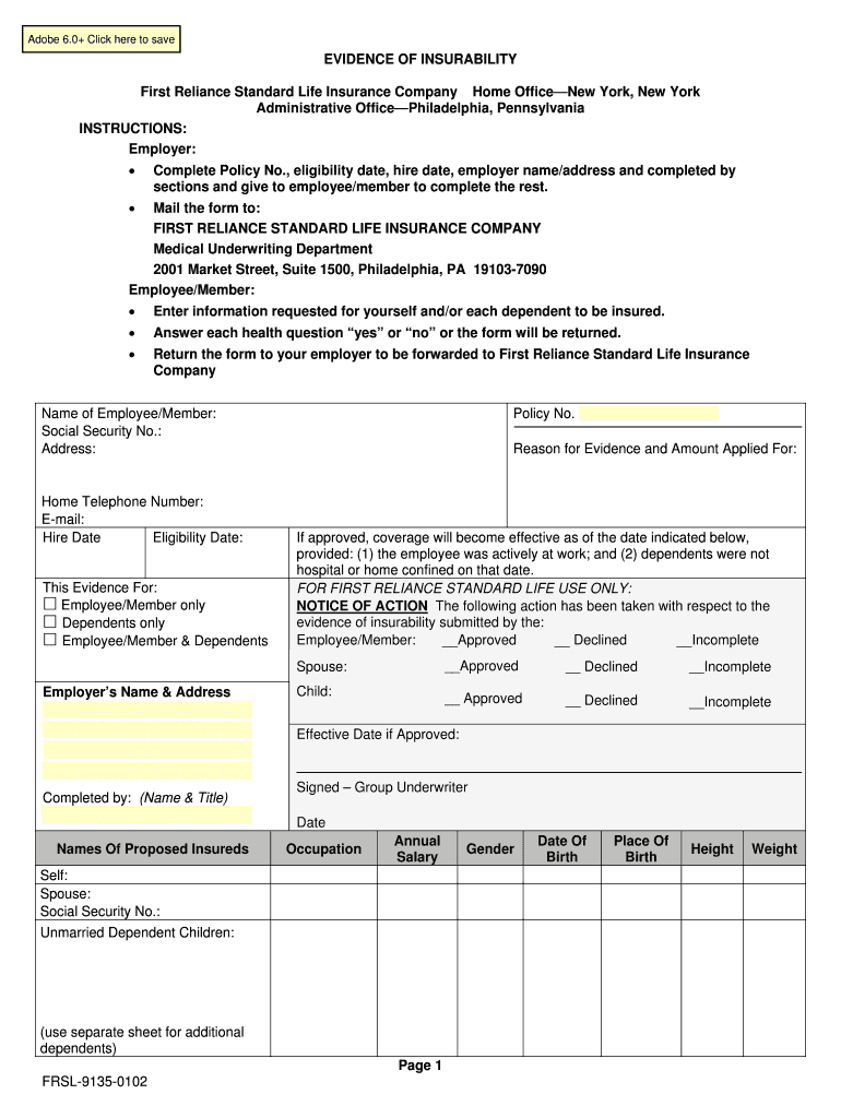 Fillable Online Evidence of Insurability Form for Insurance Coverage ...