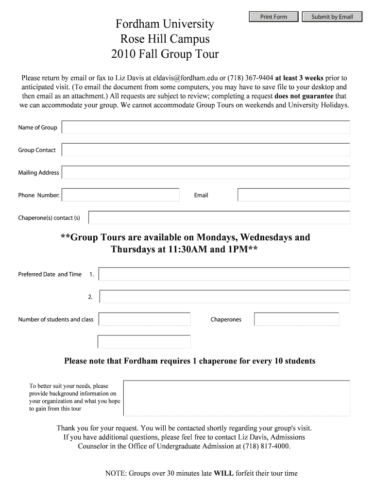 Fillable Online Fordham University Group Tour Request Fax Email Print - pdfFiller