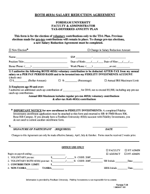 Fillable Online fordham ROTH Salary Reduction Agreement - fordham Fax Email Print - pdfFiller