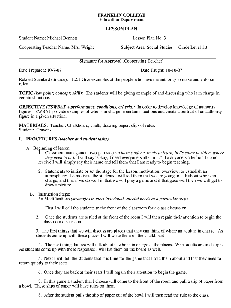 Fillable Online Lesson Plan for Social Studies Fax Email Print - pdfFiller